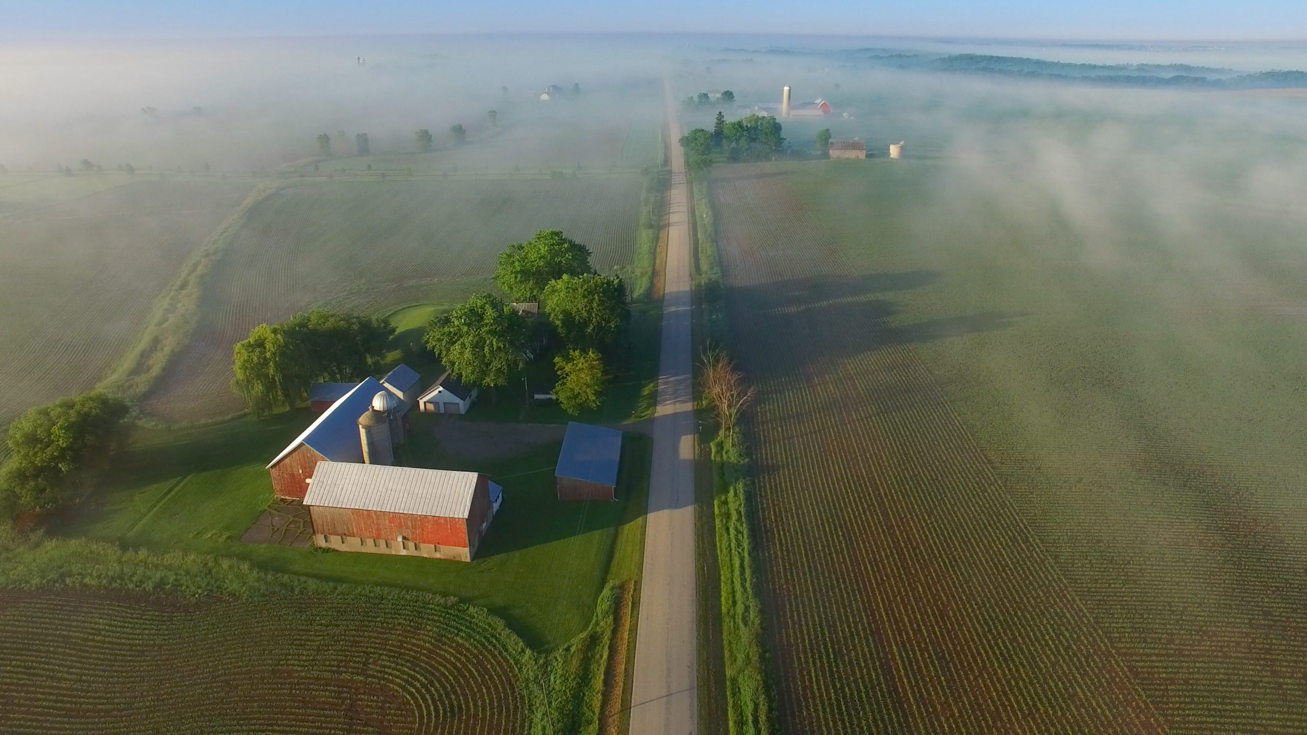 Scenic aerial view of rural Wisconsin on foggy spring morning ...